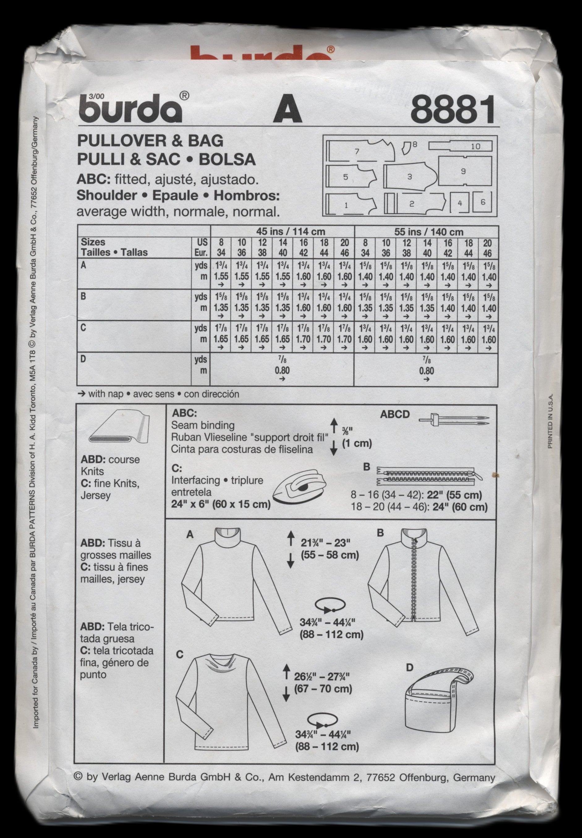 Burda 8881 Misses Pullover, Jacket and Bag Sewing Pattern - UNCUT - Si ...