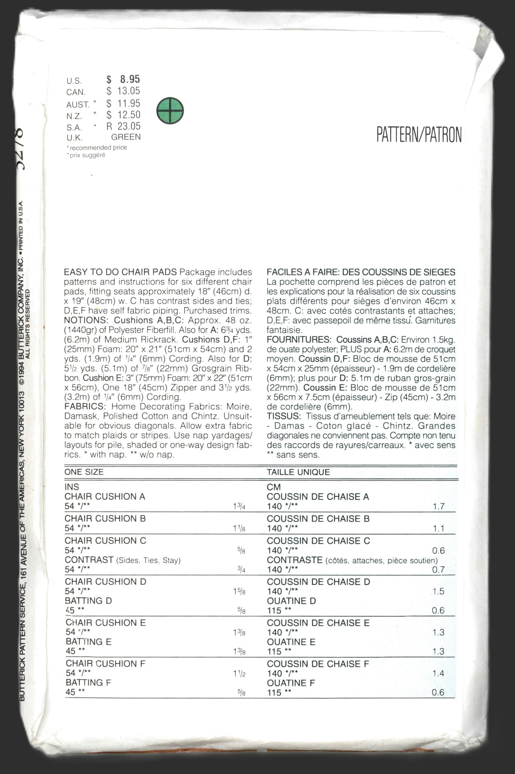 Butterick 3278 Waverly Easy to Do Chair Pads Sewing Pattern - UNCUT ...