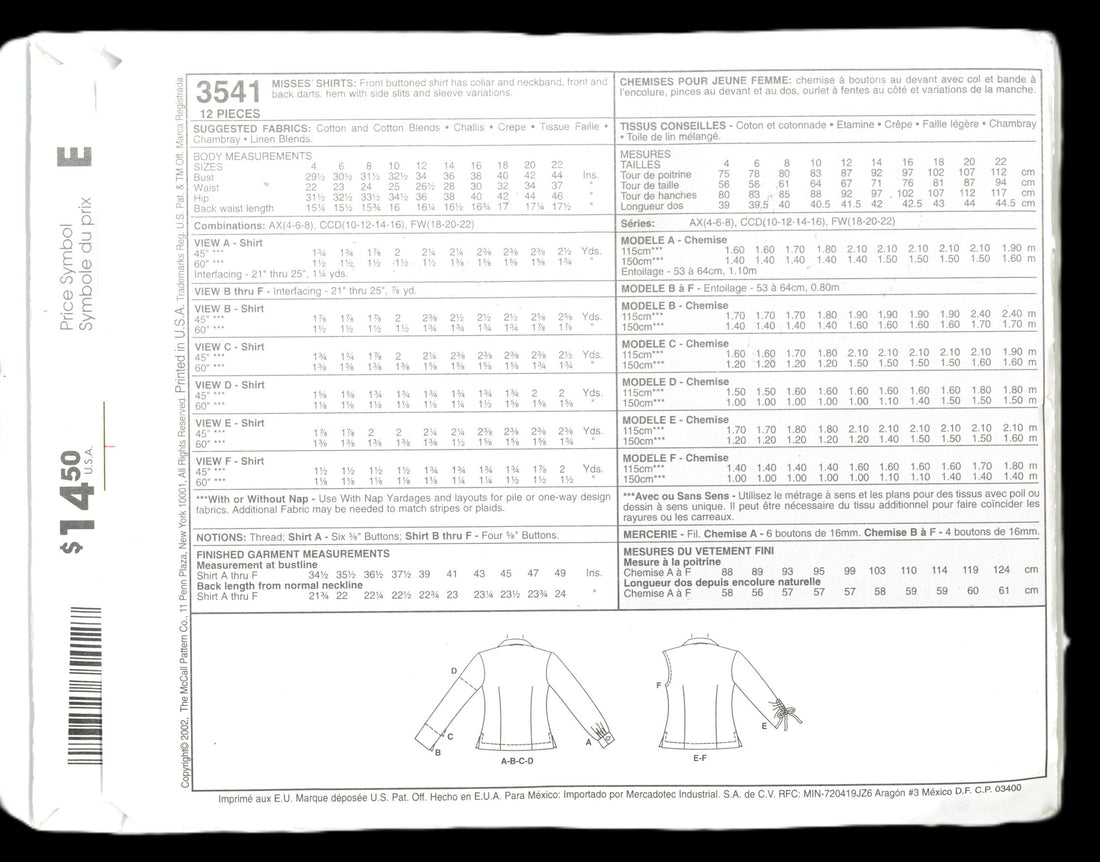 McCalls 3541 Misses Shirts Sewing Pattern UNCUT - Size 10 12 14 16 ...