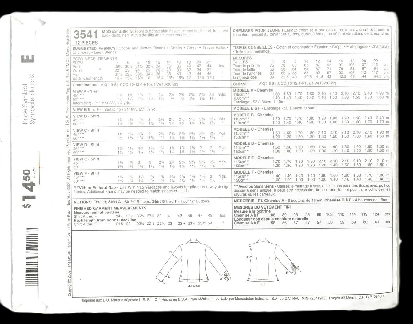 McCalls 3541 Misses Shirts Sewing Pattern UNCUT - Size 10 12 14 16 ...