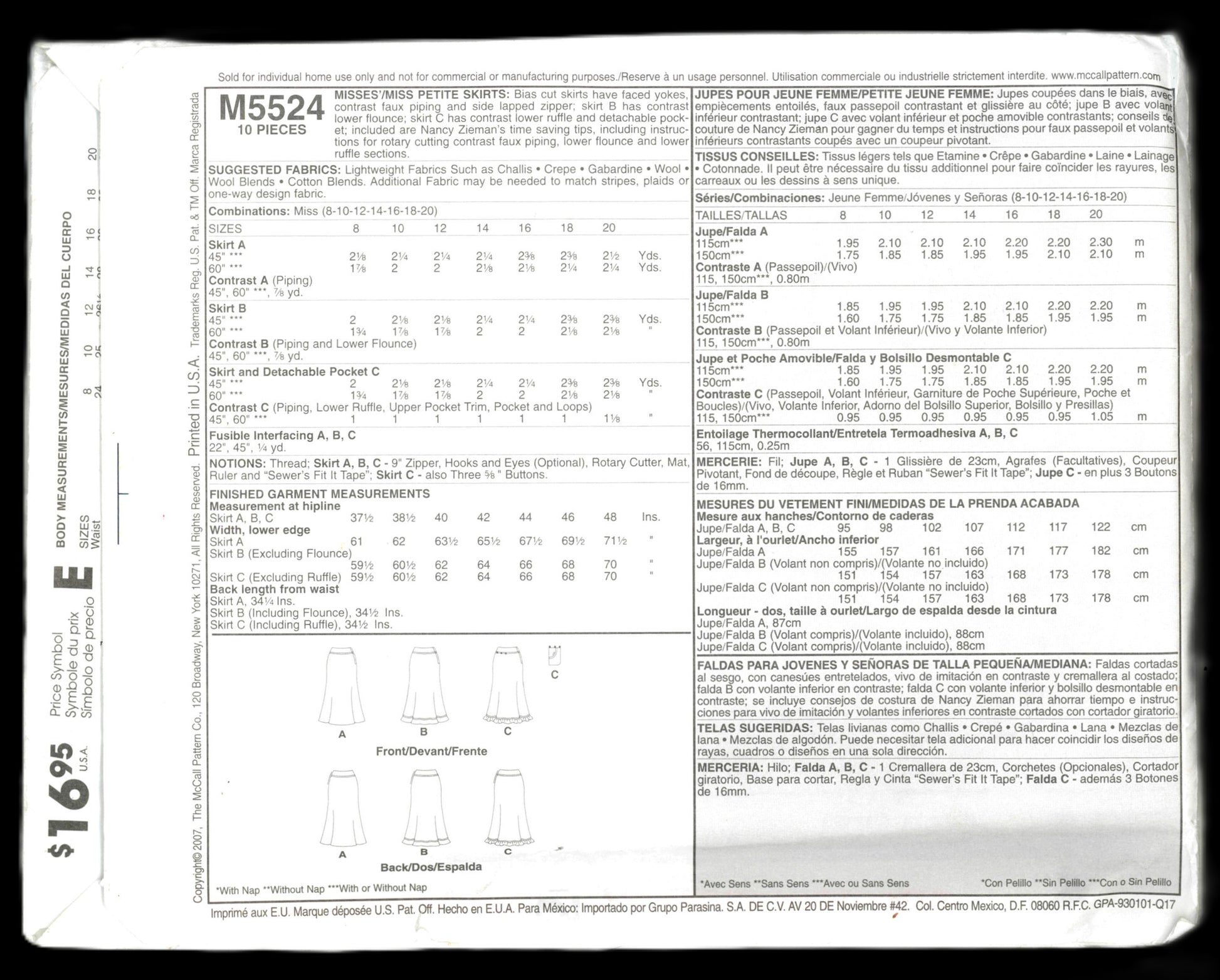 McCalls 5524 Nancy Zieman Misses /Miss Petite Skirts Sewing Pattern UN ...