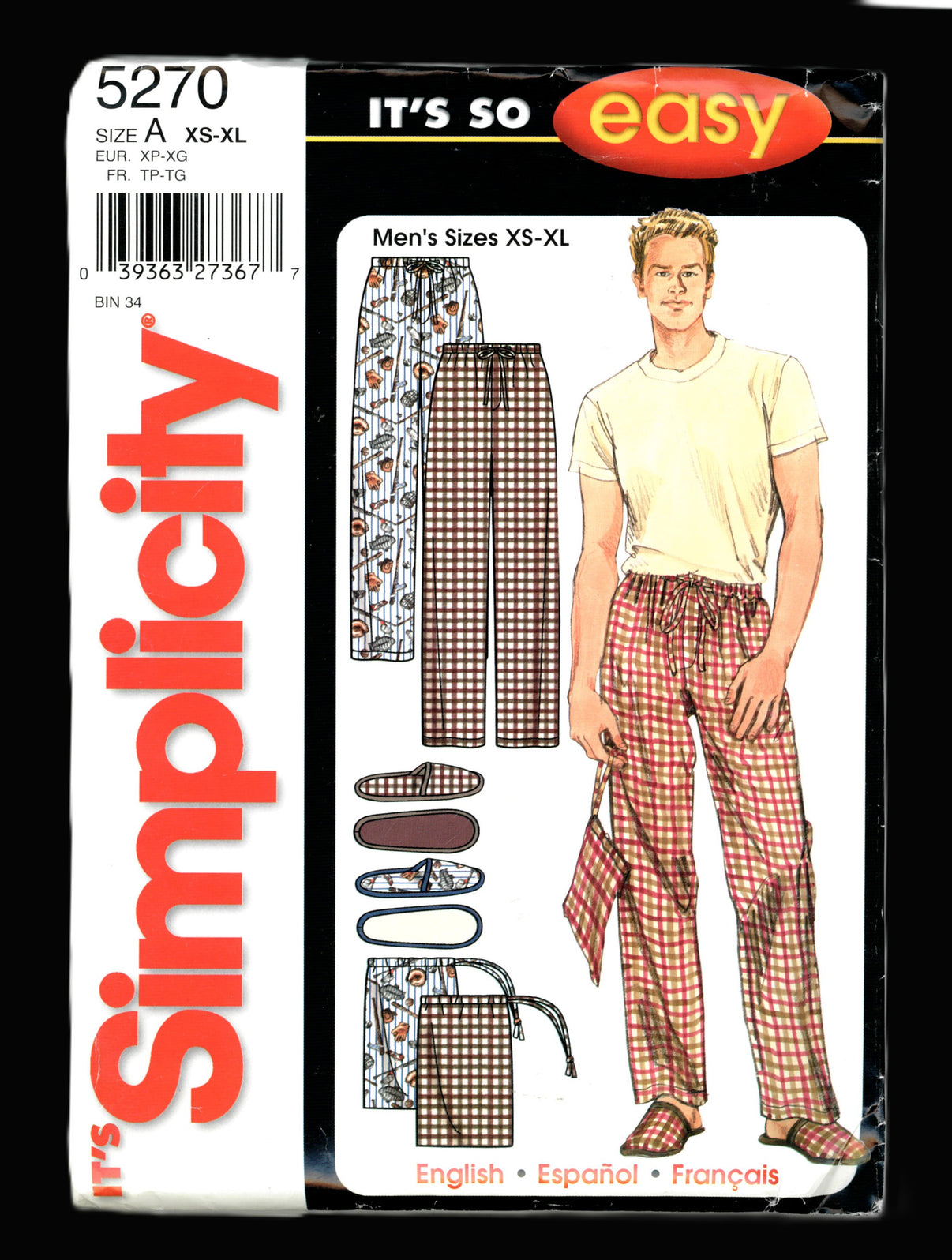 Simplicity 5270 Mens Pajamas Botoms and Slippers and Bag Sewing Patter ...