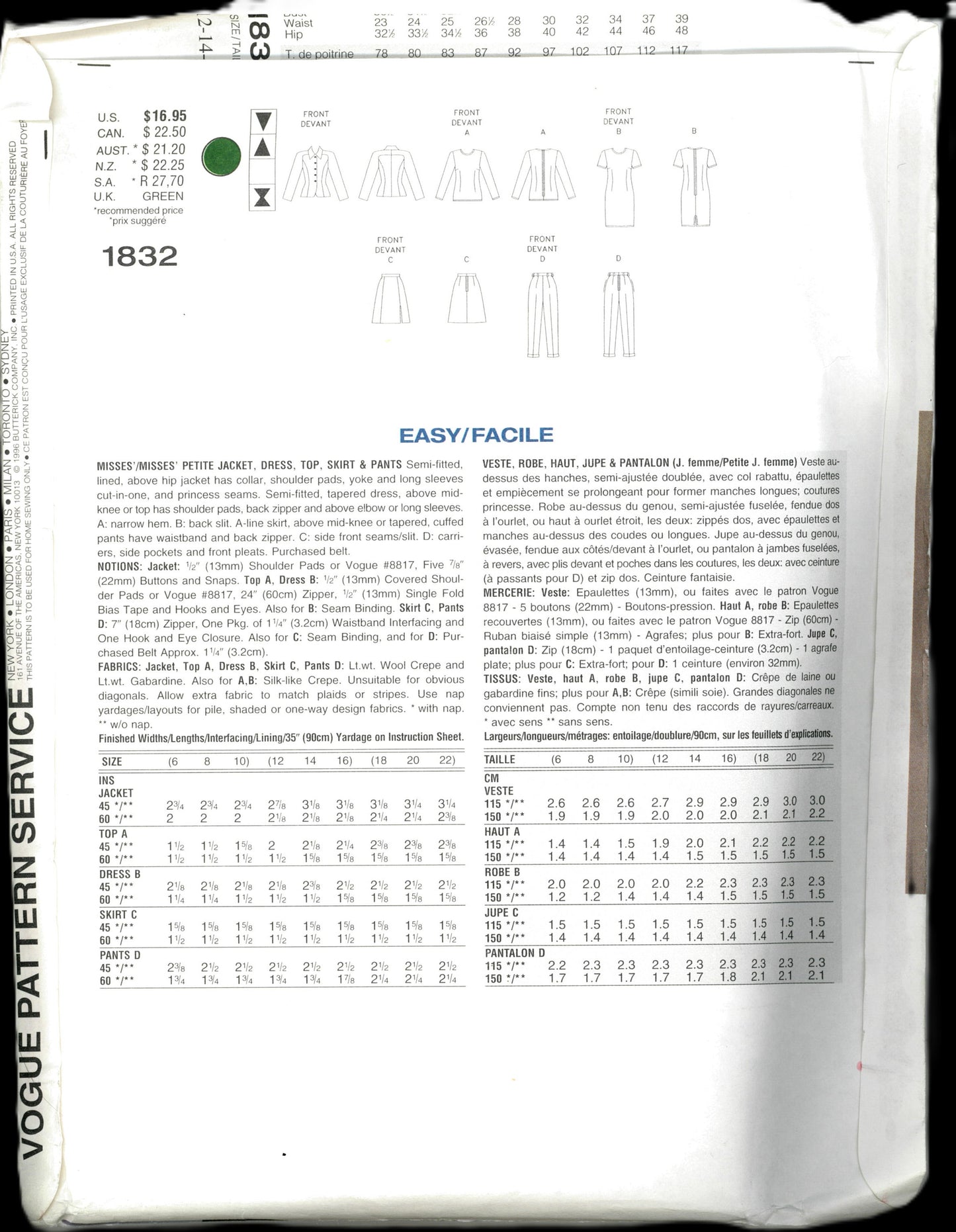 Vogue 1832 Misses / misses Petite Jacket Dress Top Skirt and Pants Sew ...