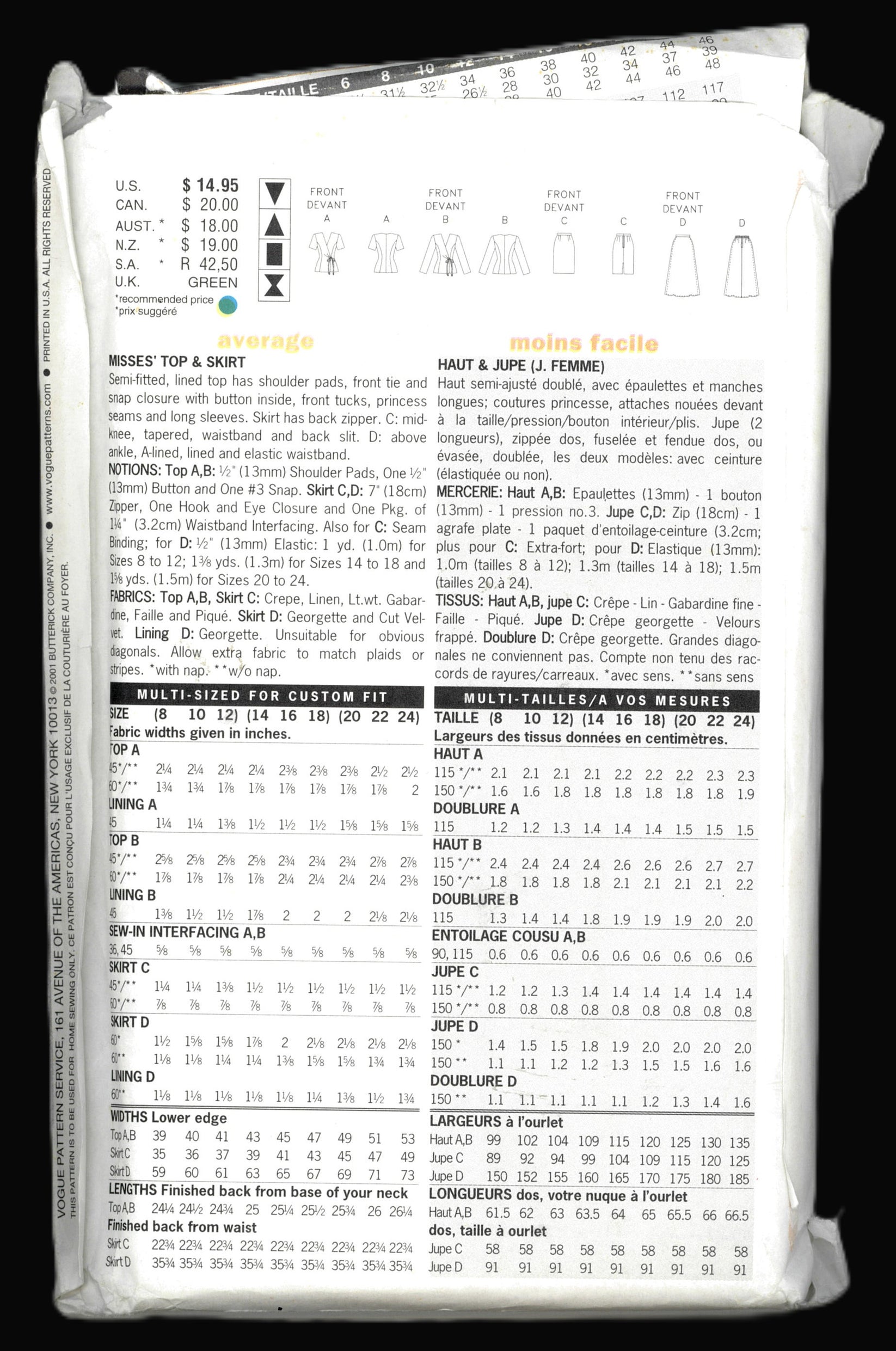 Vogue 7425 Misses Top and Skirt Sewing Pattern - UNCUT - Size 8 10 12 ...
