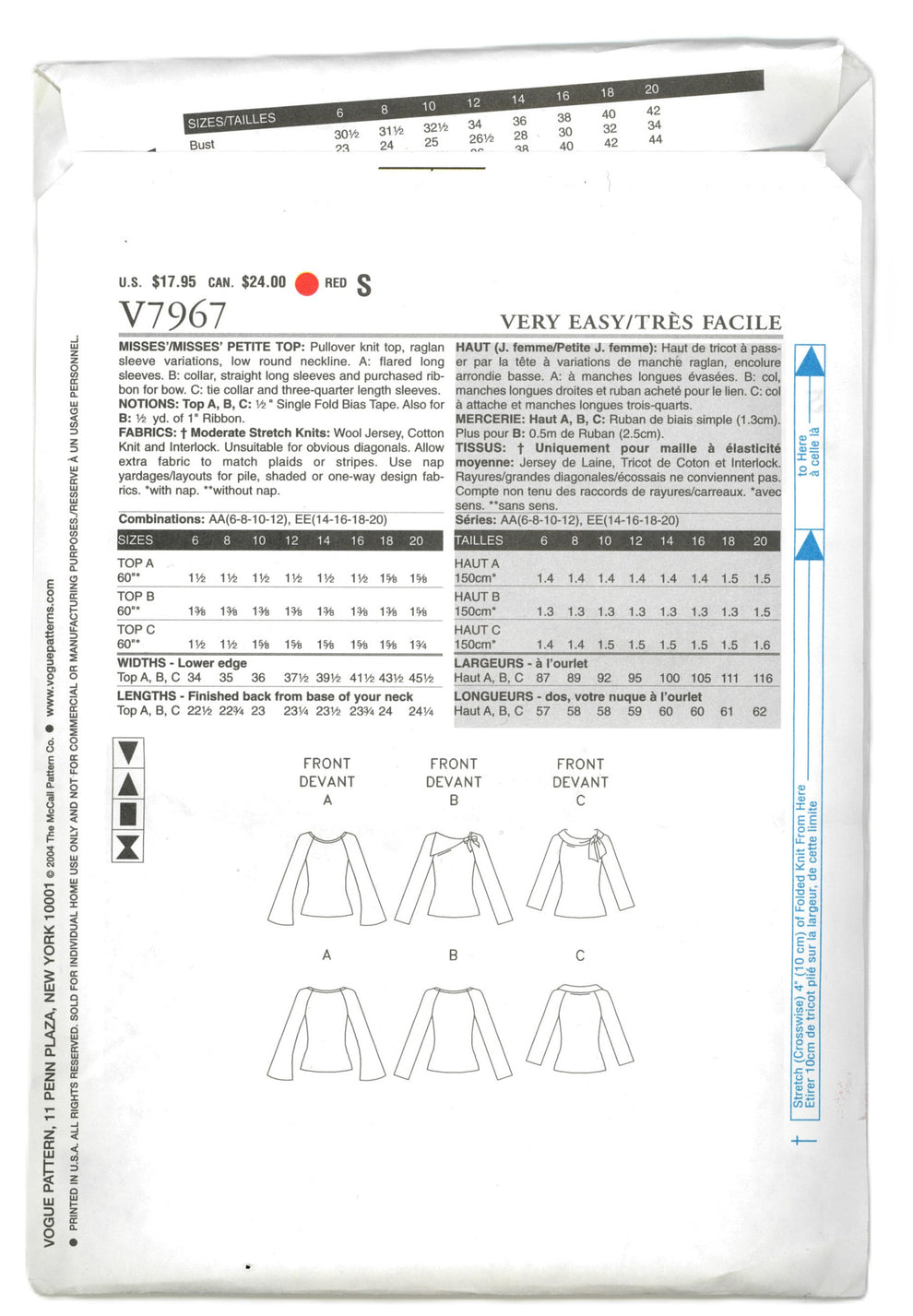 Vogue 7967 Misses/ Misses Petite Top Sewing Pattern - UNCUT - Size 6 8 ...