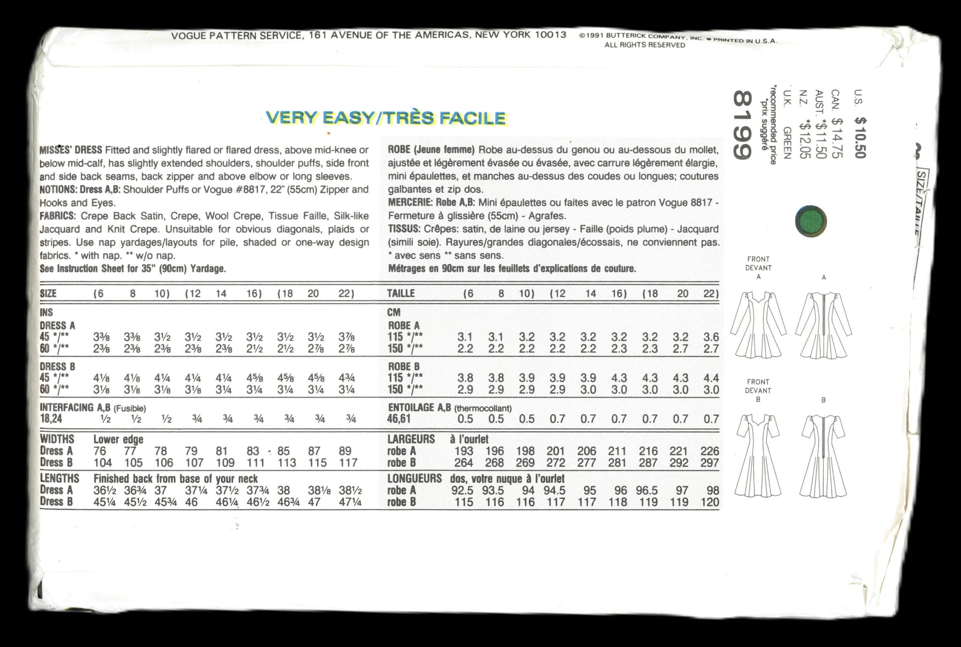 Vogue 8199 Misses Dress Sewing Pattern - UNCUT - Size 6 8 10 or Size 1 ...