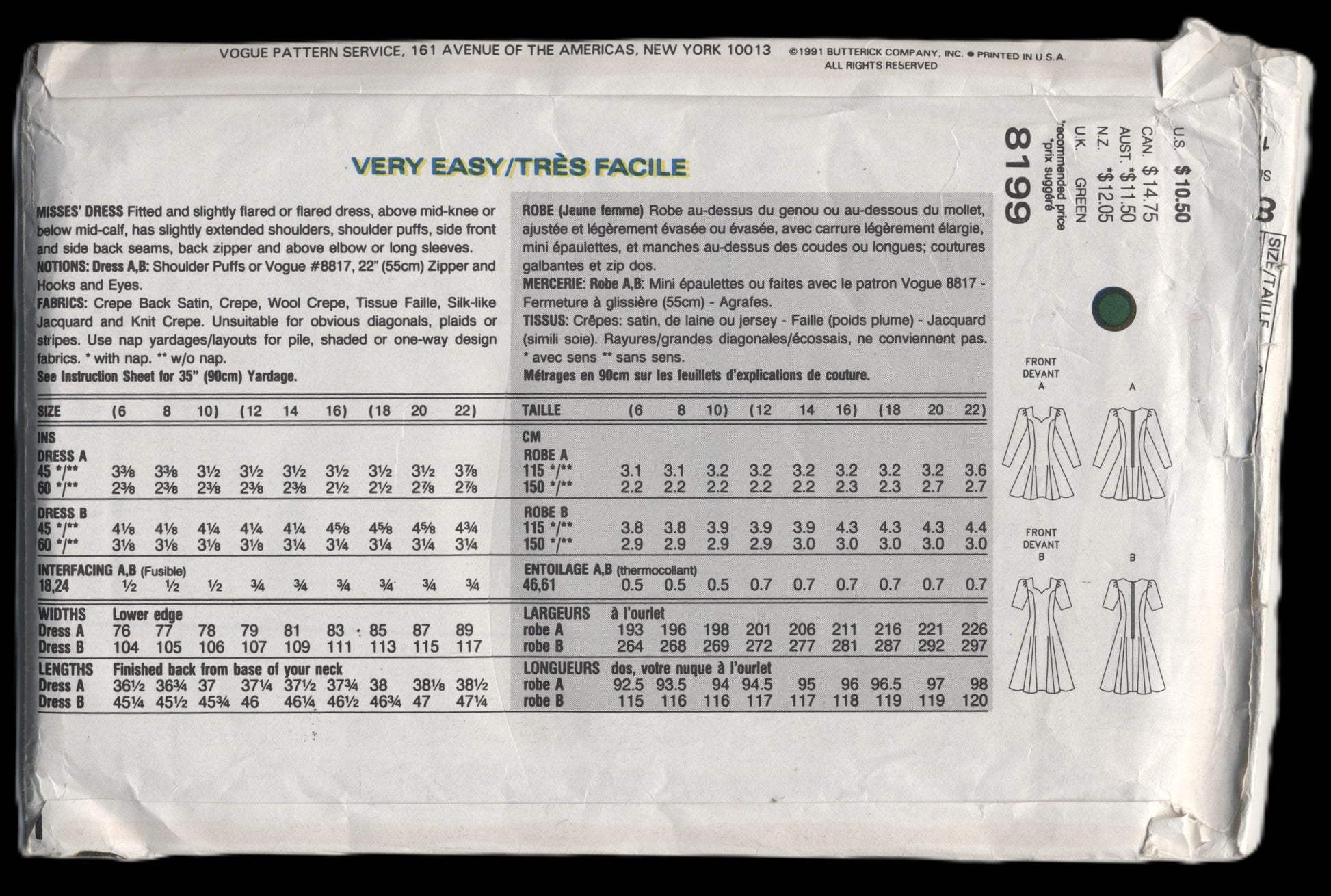 Vogue 8199 Misses Dress Sewing Pattern - UNCUT - Size 6 8 10 or Size 1 ...