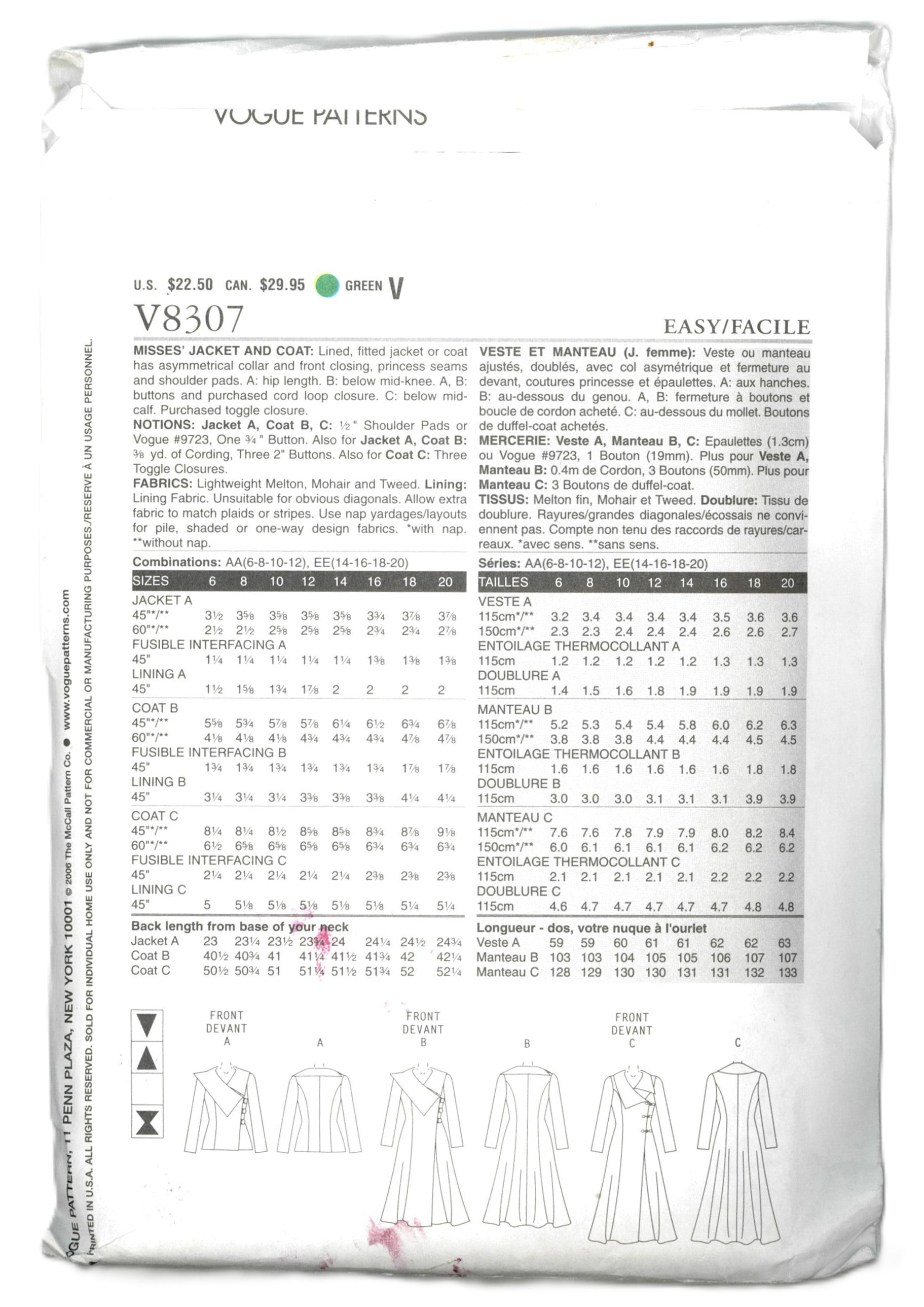 Vogue 8307 Misses Jacket and Coat Sewing Pattern - UNCUT - Size 6 8 10 ...